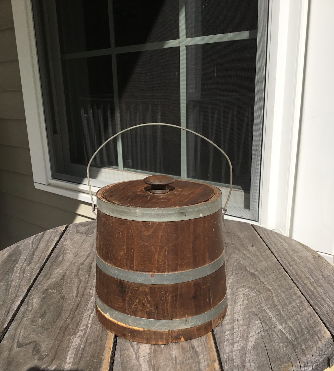 Vintage Small Spaulding & Frost Wood Firkin Pail Bucket Handle and Lid ...