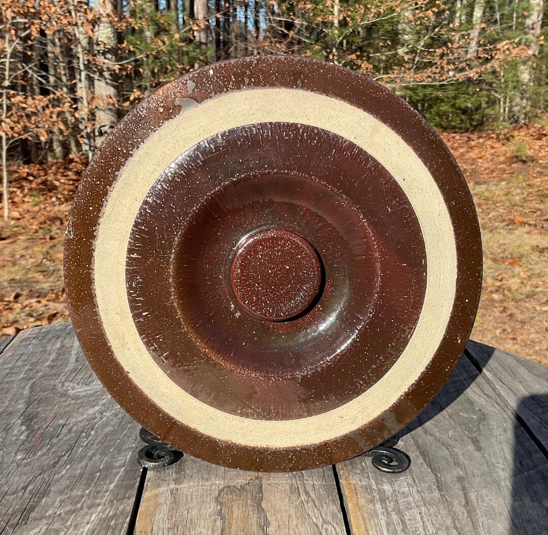 Antique Brown Stoneware Crock Lid Recessed Button Knob 9.75" D ...