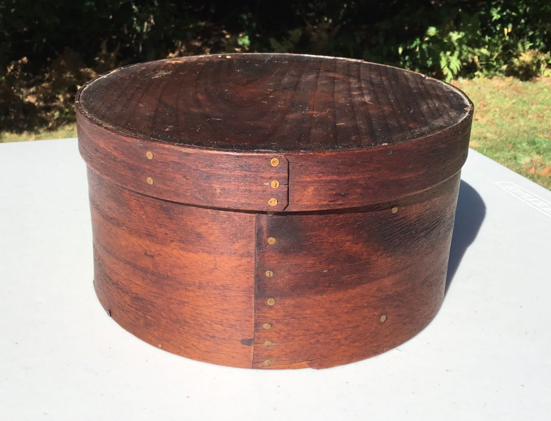 Antique Prim Large Wood Circular Pantry Box & Lid Dark Patina Copper ...