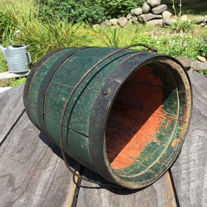 Antique Prim Old Green Wooden Paint/pail/barrel Bucket Metal Bands ...