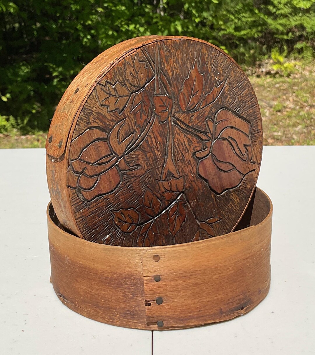Antique Prim Wooden Carved Floral Flowers Pantry Box & Lid 5.75" D ...