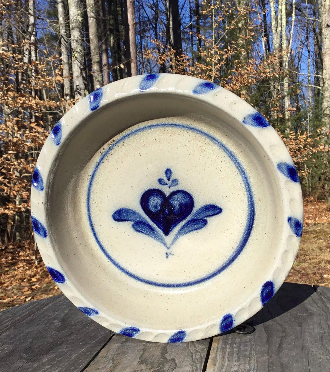 1987 Rowe Pottery Works Cambridge Wis Stoneware Cobalt Blue Heart Pie ...