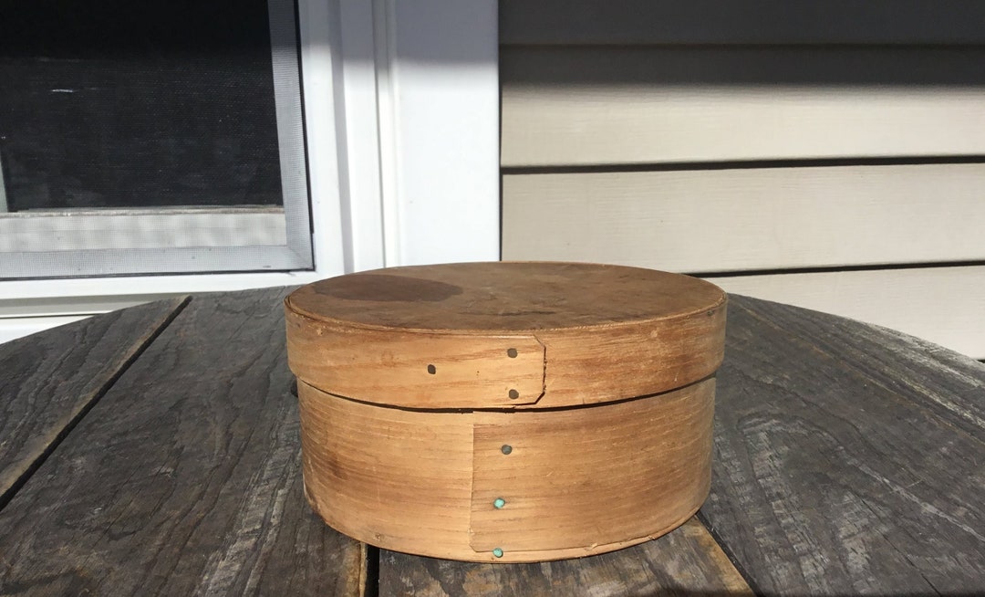 Antique Primitive Wooden Circular Pantry Box & Lid 6.5" D Copper Nails ...