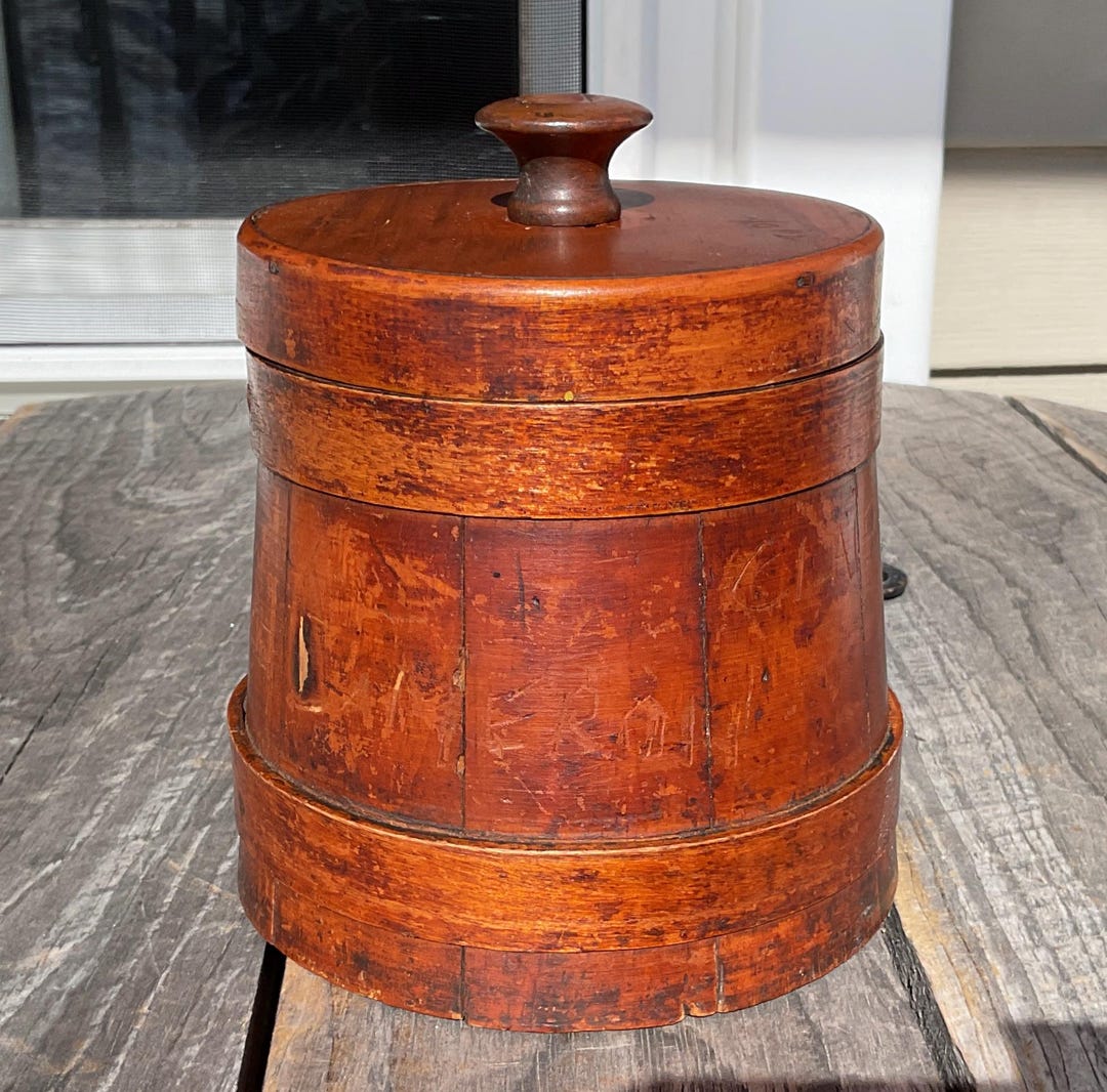 Small Antique Prim Wooden Firkin Sugar Bucket & Lid 5" H 3 Bands Top of ...
