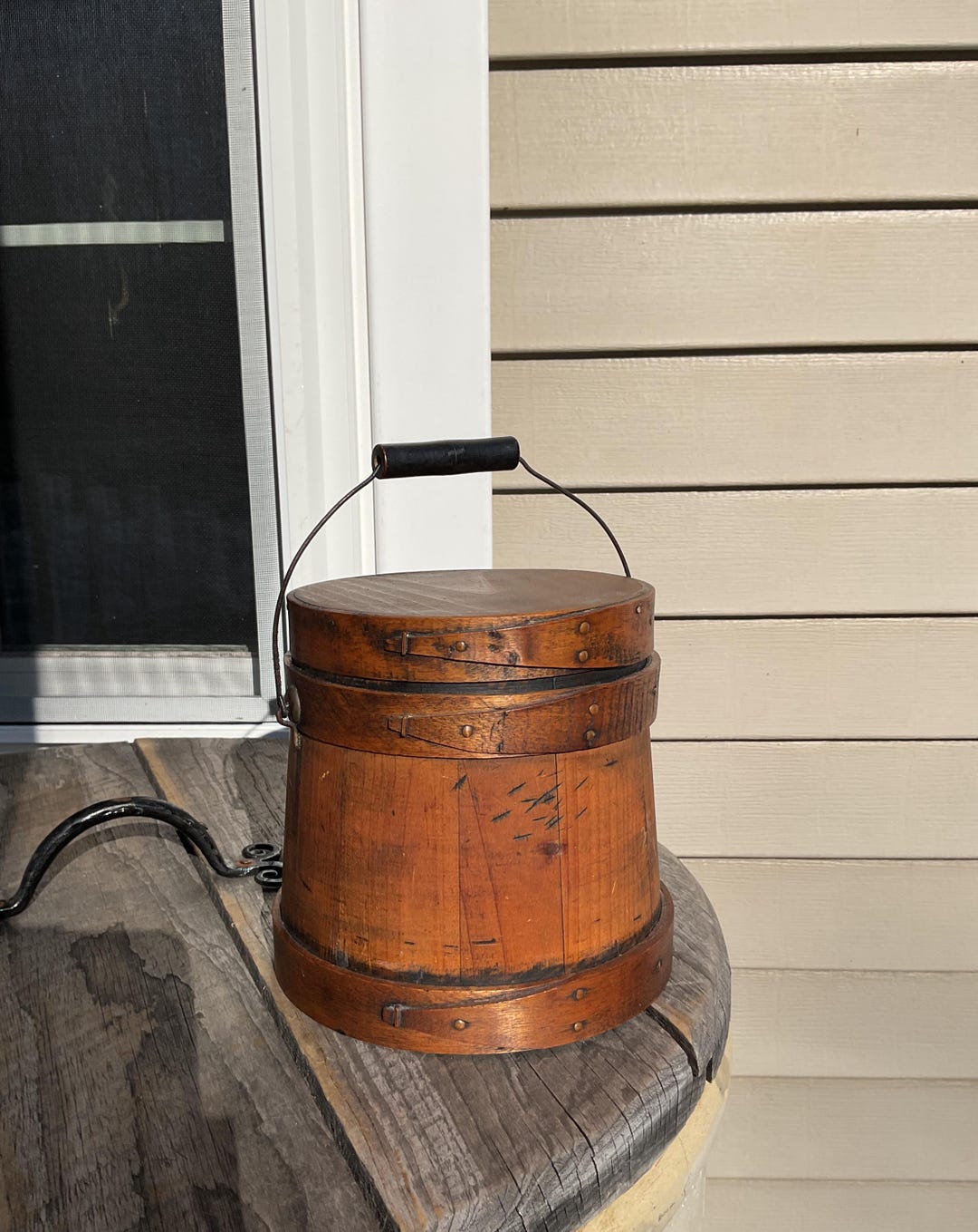 Antique Small Firkin Sugar Bucket Dark Wood Drop Handle & Lid 6.5" H ...