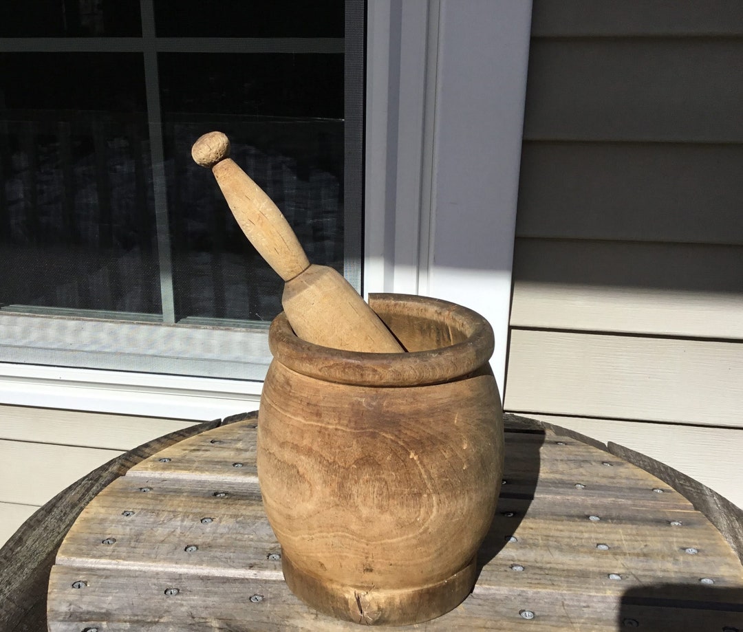 Early Antique Wood Boulbous Mortar & Pestle Dry Patina Wavy Grain Prim ...