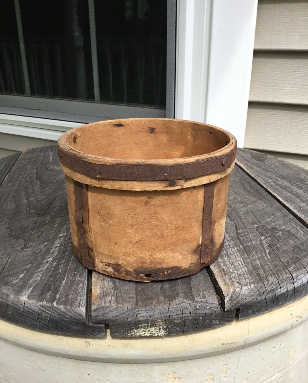 Antique Small Wooden Grain Measure W/ Steel Banding Country Prim ...