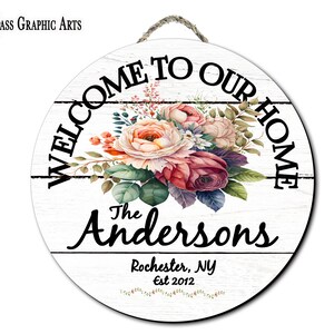 Personalized Welcome Home Sign Custom Name Round Wood Door Wreath ...