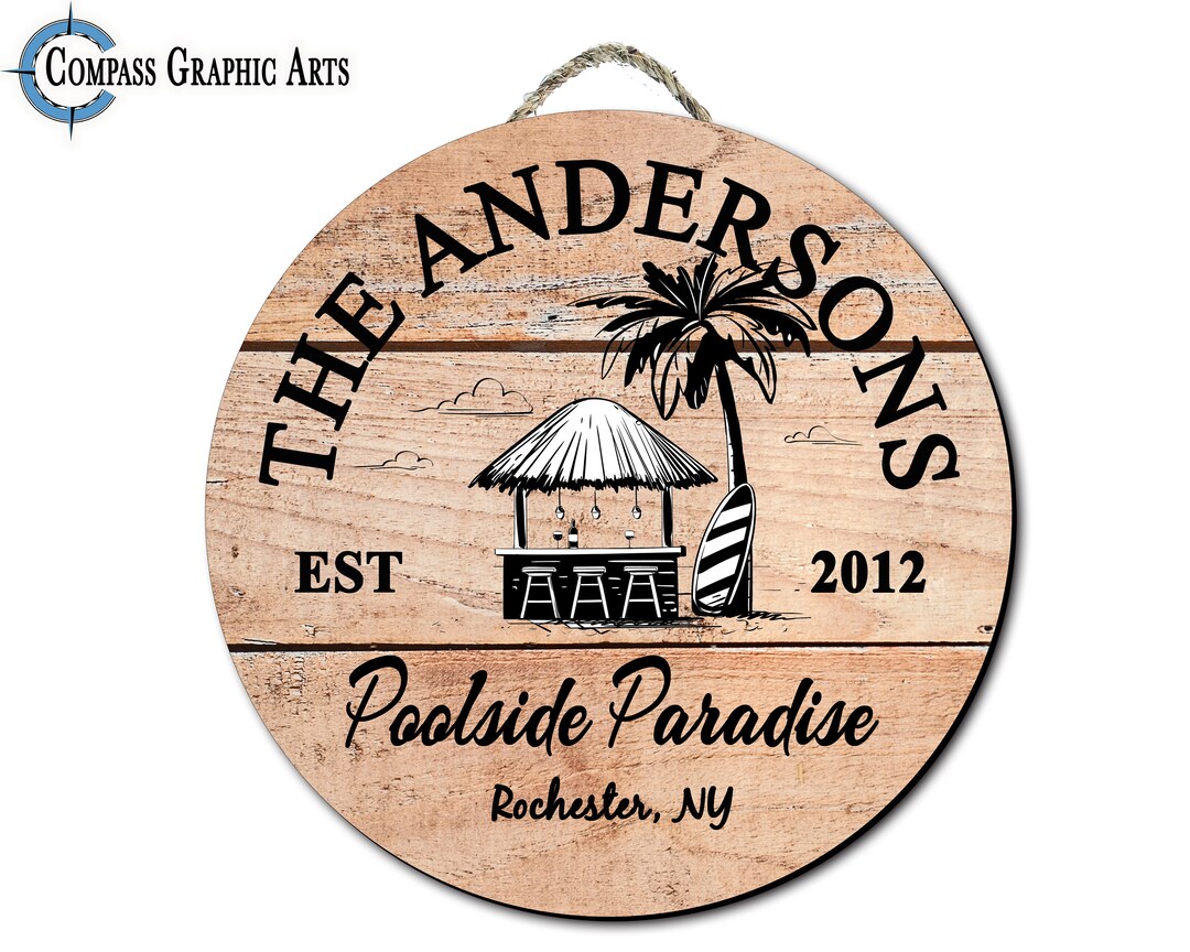 Personalized Poolside Paradise Sign Custom Name Round Wood Door Wreath ...