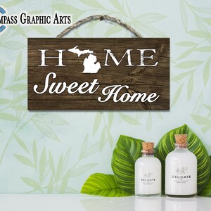 Home Sweet Home Michigan State Hanging Wood Plaque Door Wall Sign 12x6 ...