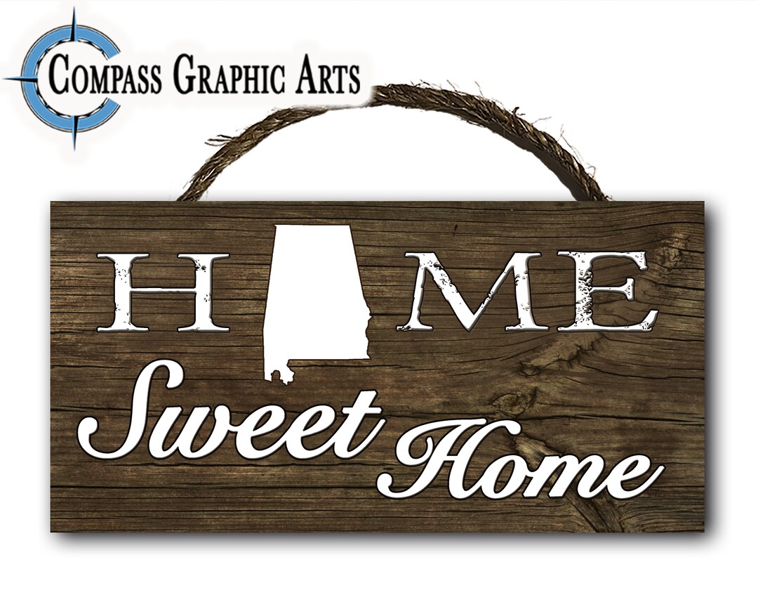Home Sweet Home Alabama State Hanging Wood Plaque Door Wall Sign 12x6 ...