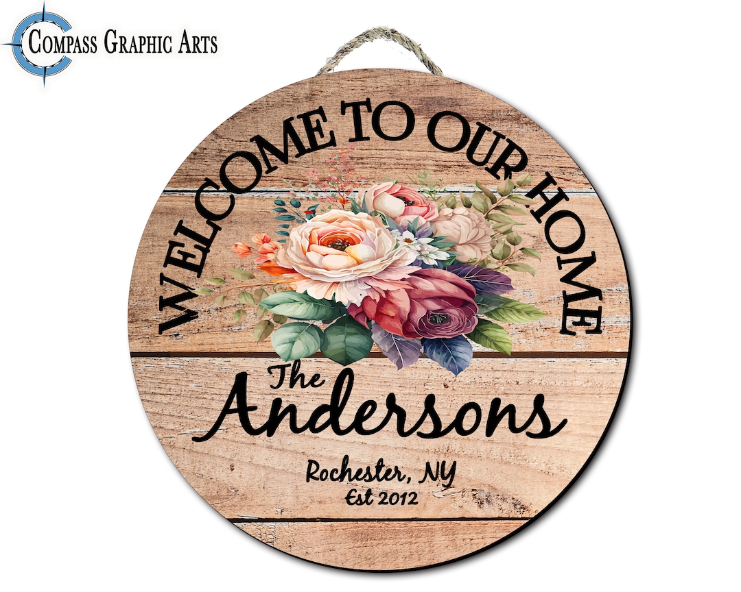Personalized Welcome Home Sign Custom Name Round Wood Door Wreath ...