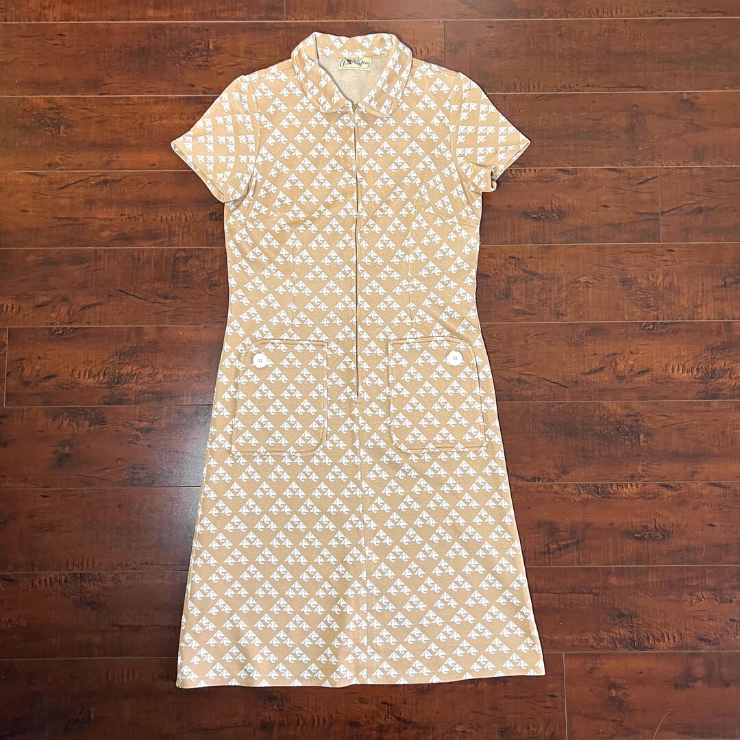 Vintage 1960s Shift Dress: Tan & White Mod Front Zip - Etsy