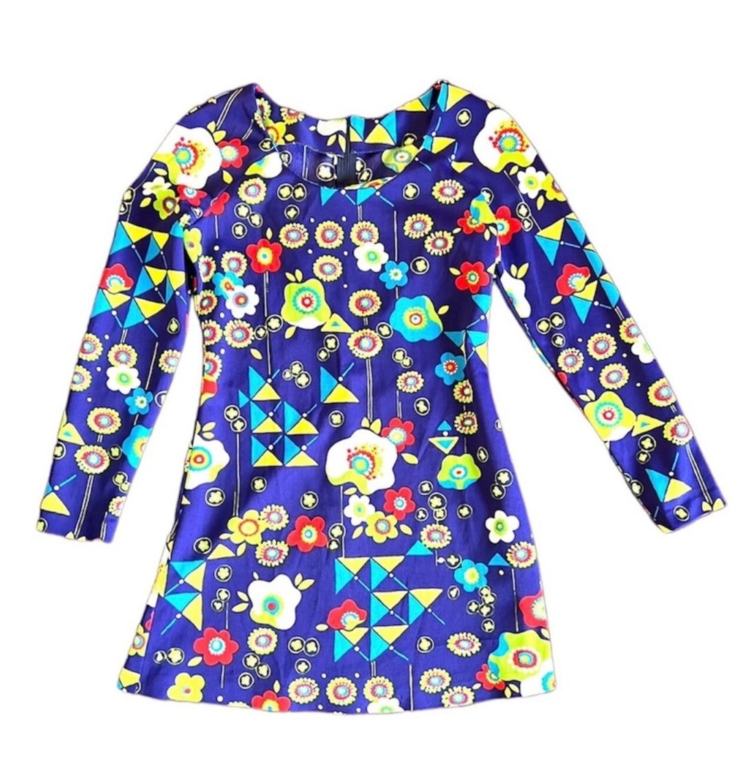 VINTAGE 60s 70s Go Go Mini Dress Psychedelic Blue Multi Mod A-line Long ...