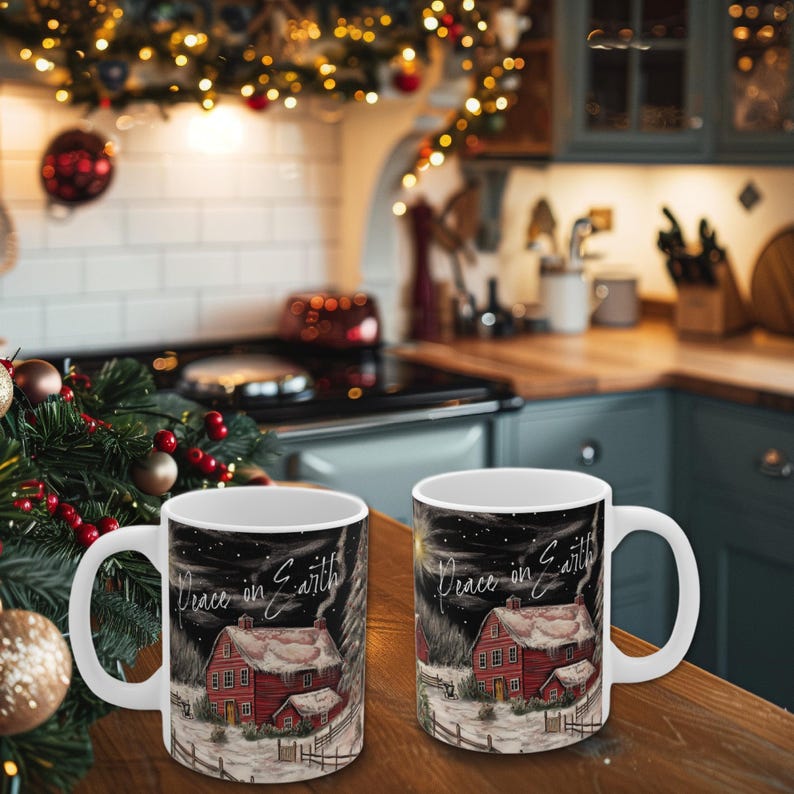 Christmas Mug 'peace on Earth' Winter Farm Red Barn in 2 Sizes, Cozy ...