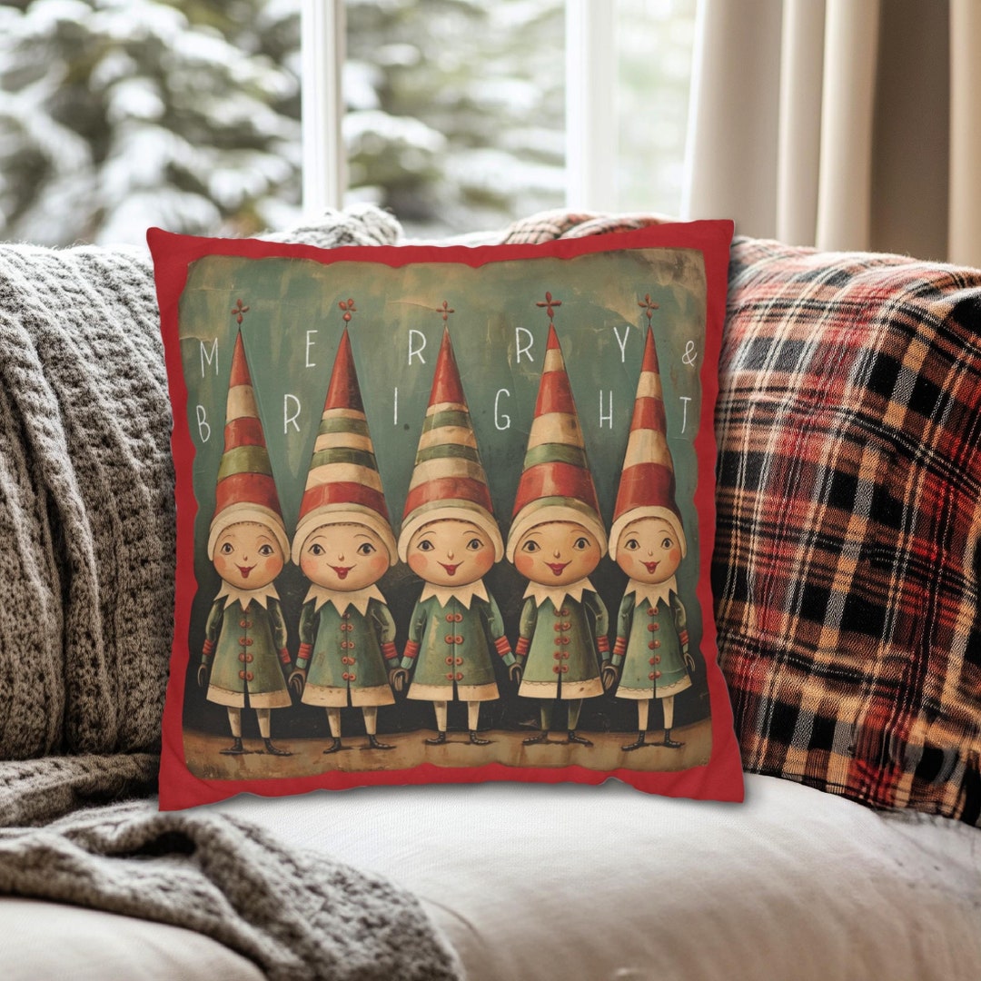 Merry and Bright Elves Christmas Holiday Throw Pillow, Christmas Elf ...
