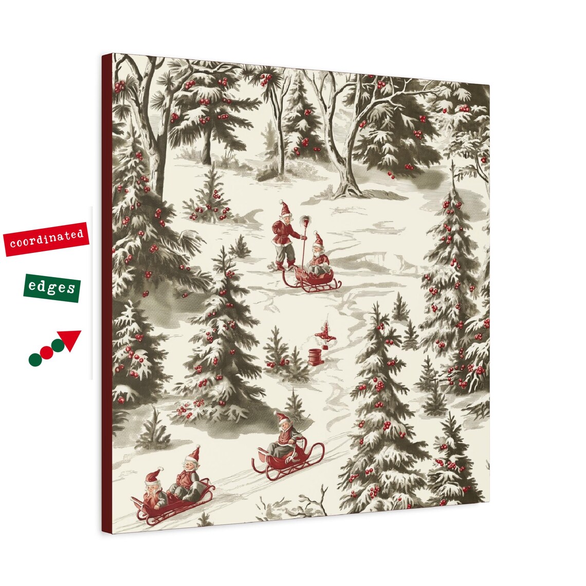 Christmas Toile Wall Decor - Square Canvas Print French Style Santas ...