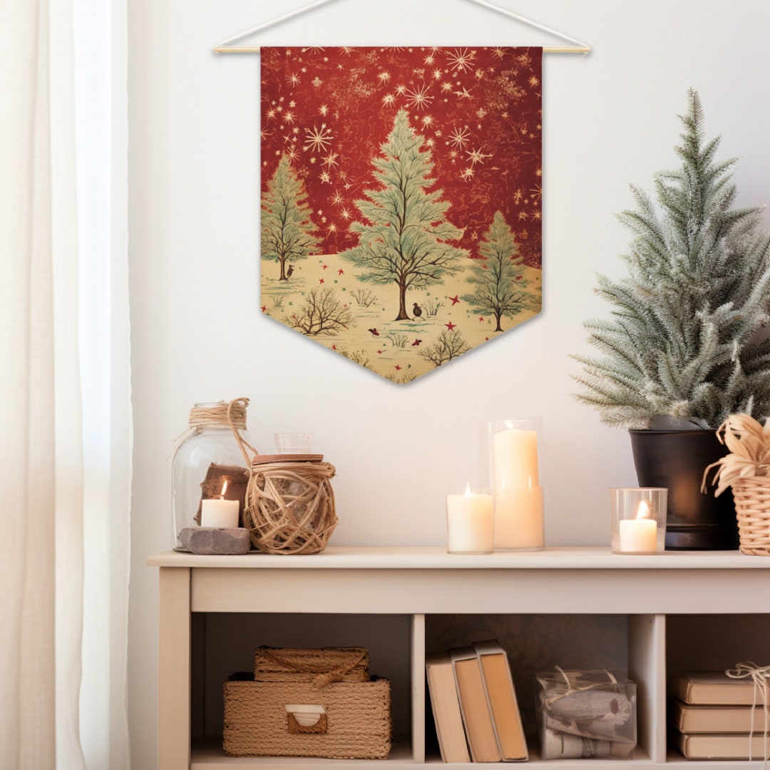 RED SKY CHRISTMAS Tree Winter Snowy Pennant Flag Wall Hanging, Winter ...