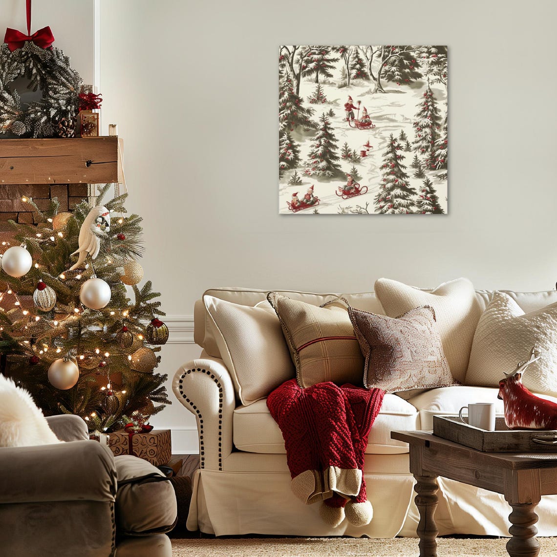 Christmas Toile Wall Decor - Square Canvas Print French Style Santas ...