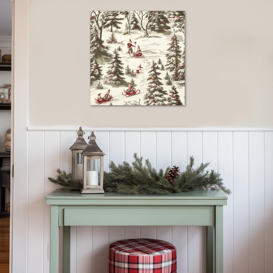 Christmas Toile Wall Decor - Square Canvas Print French Style Santas ...