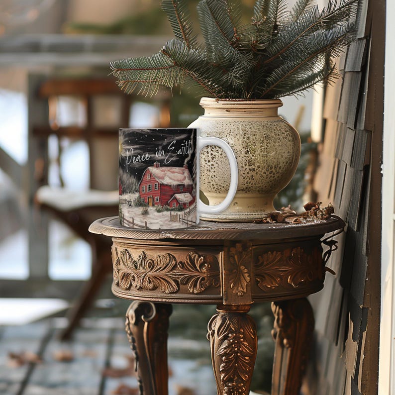 Christmas Mug 'peace on Earth' Winter Farm Red Barn in 2 Sizes, Cozy ...