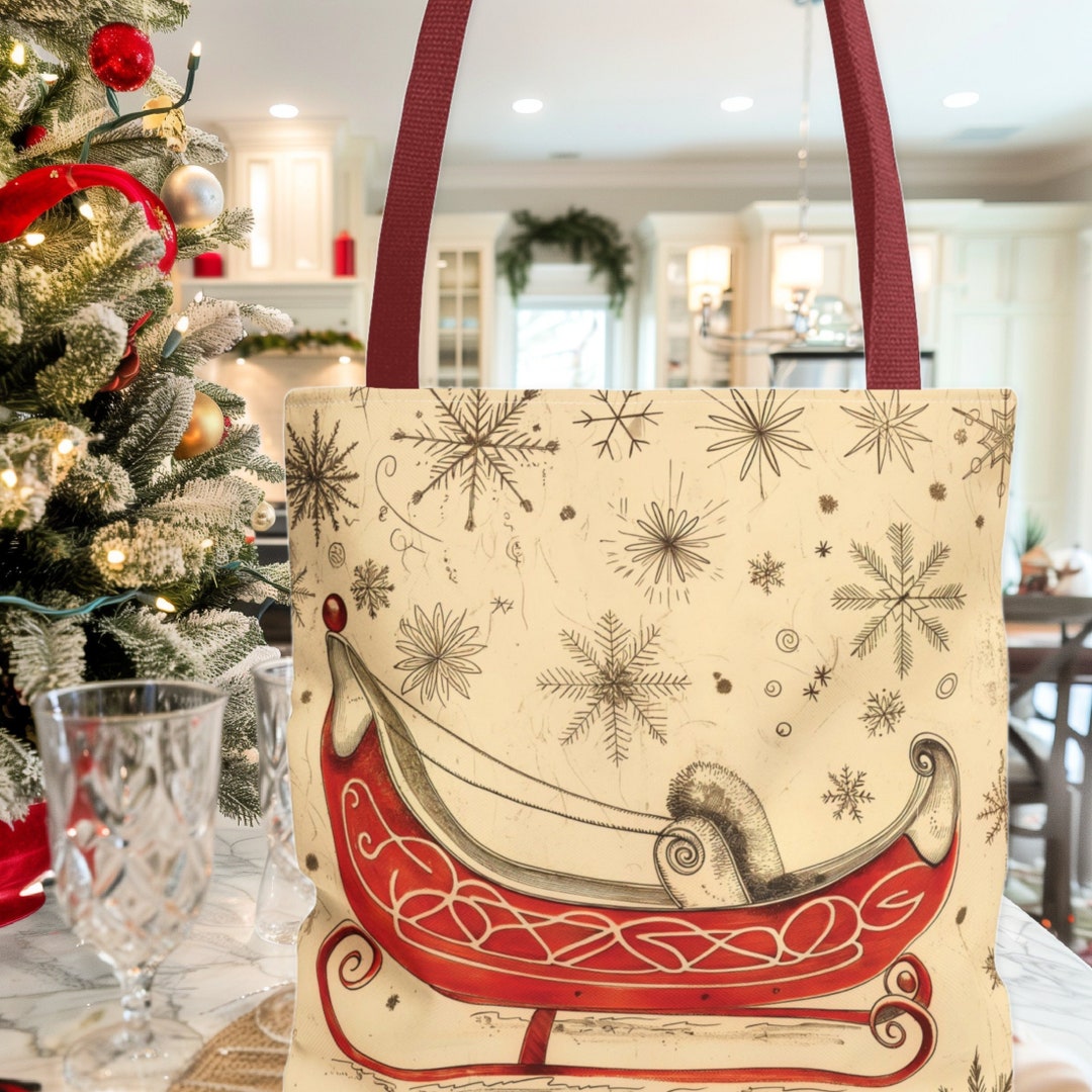 VINTAGE RED SLED Christmas Winter Holiday Tote Bag in 3 Sizes & 3 ...