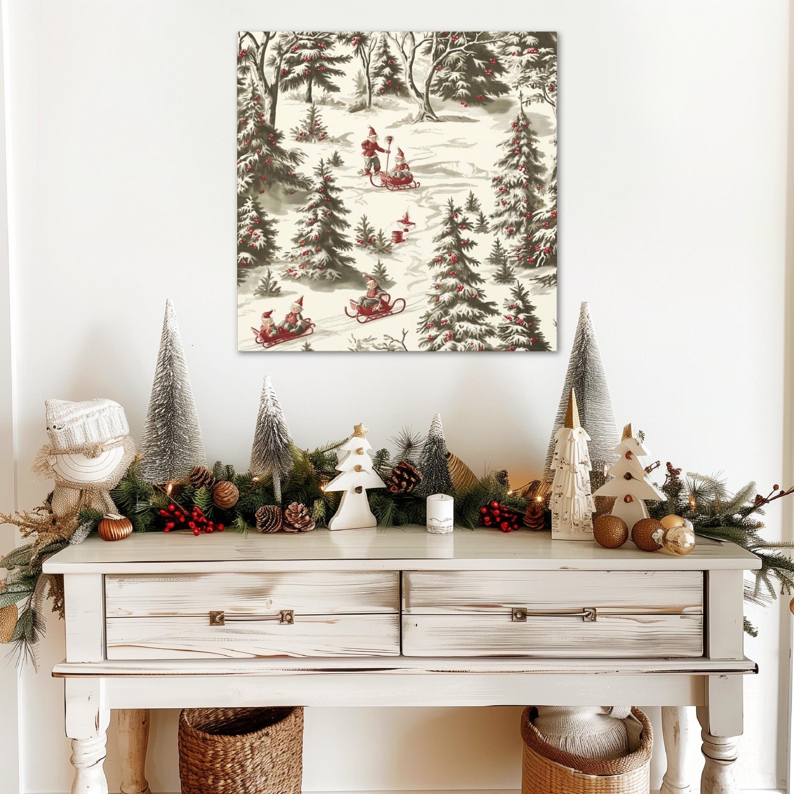 Christmas Toile Wall Decor - Square Canvas Print French Style Santas ...