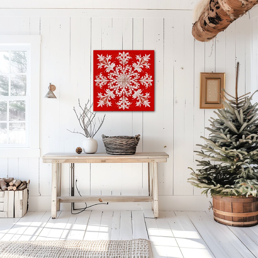 Christmas Winter Snowflake Red White Silver Wall Art Canvas Print, Red ...