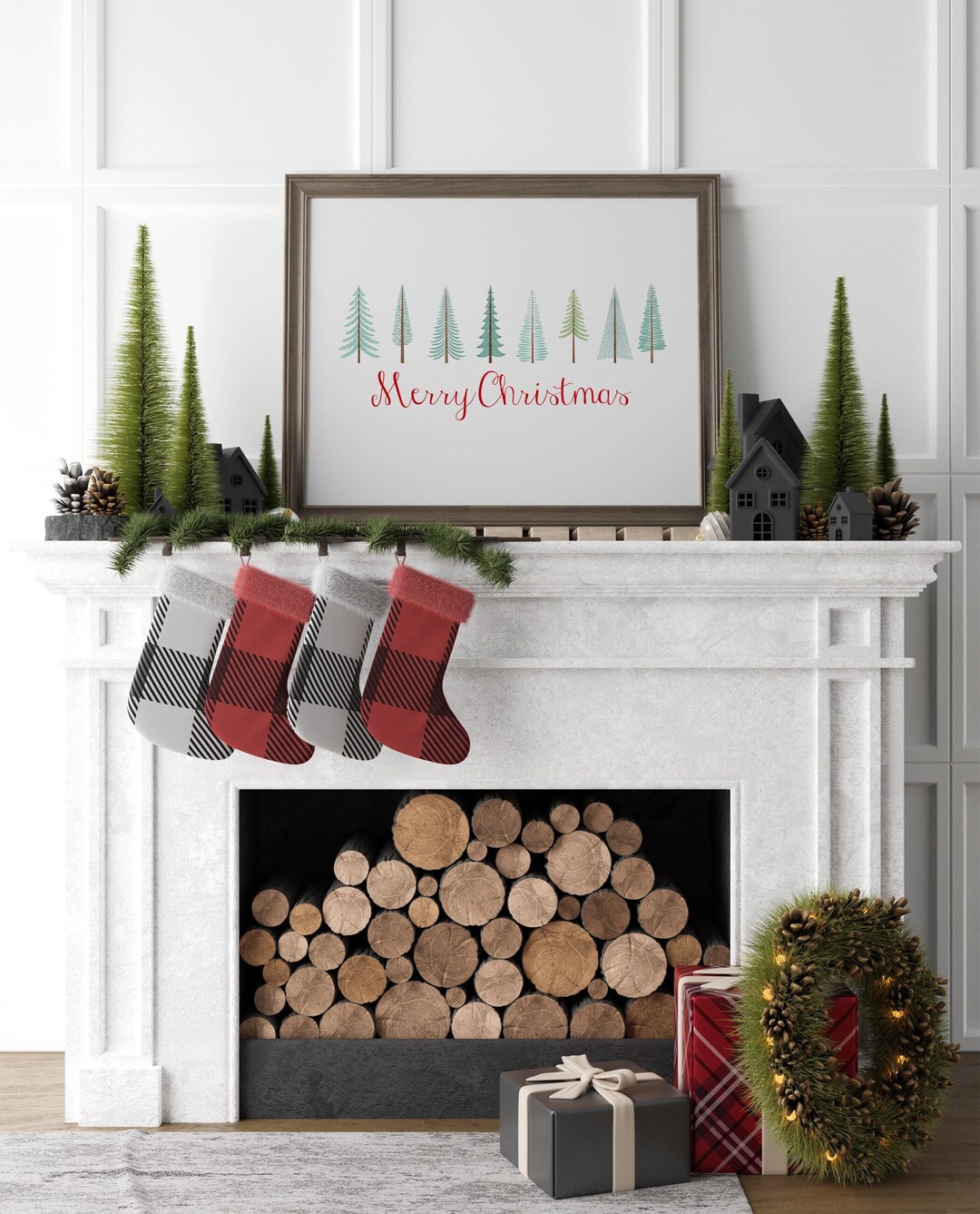 CHRISTMAS WALL ART 'merry Christmas' Evergreen Tree Line Printable Wall ...