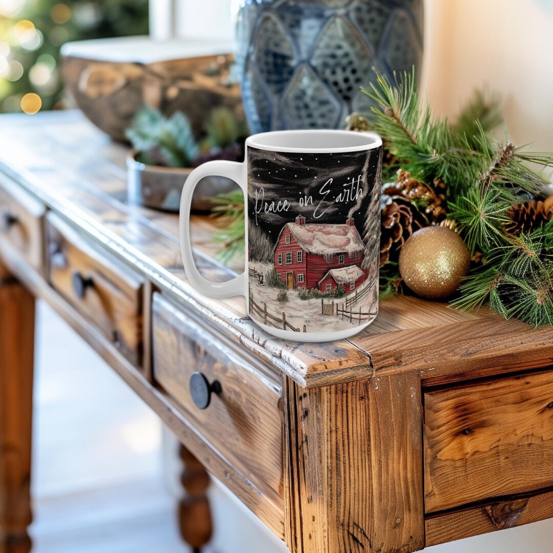 Christmas Mug 'peace on Earth' Winter Farm Red Barn in 2 Sizes, Cozy ...