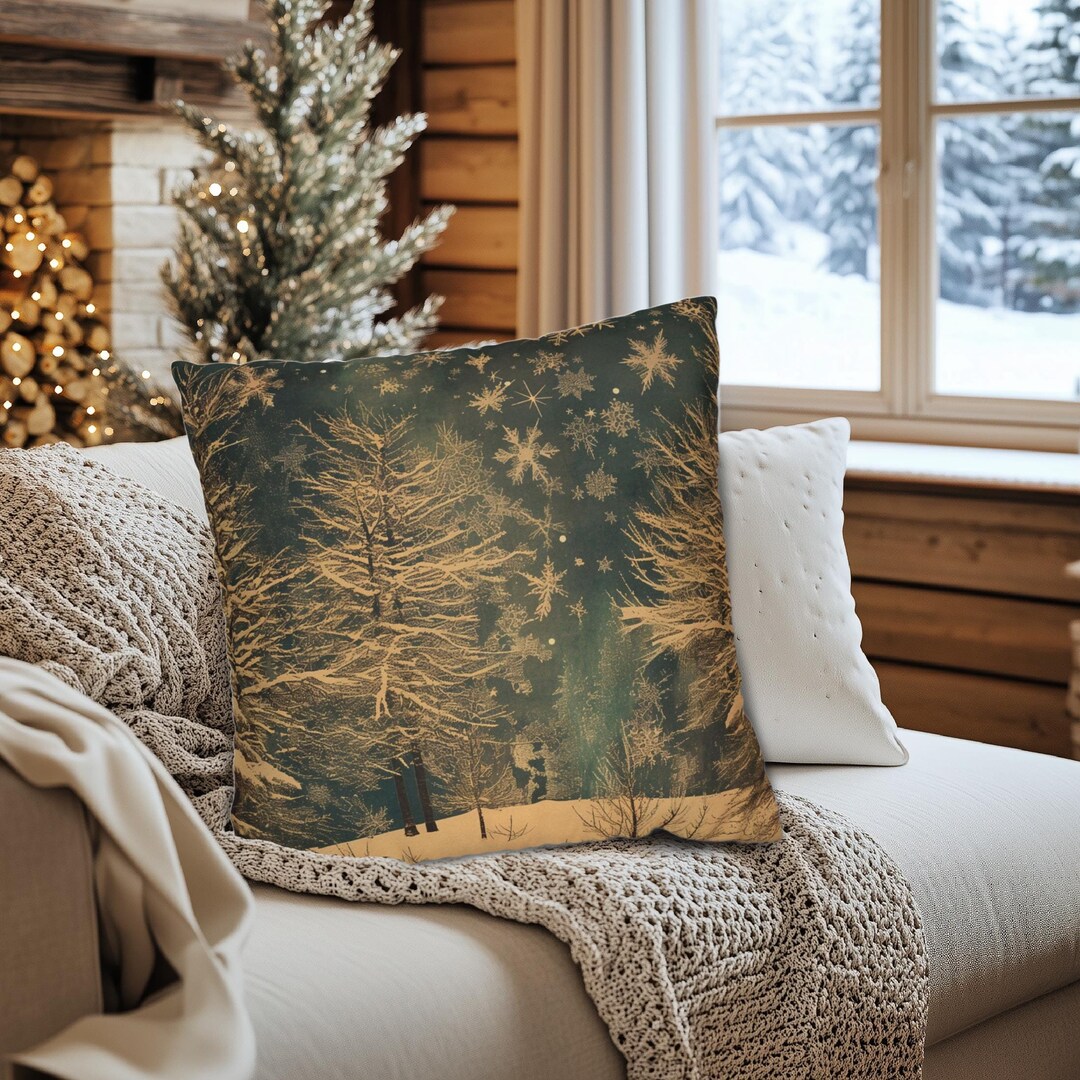 Winter Forest Snowflake Retro Christmas Holiday Botanical Throw Pillow ...