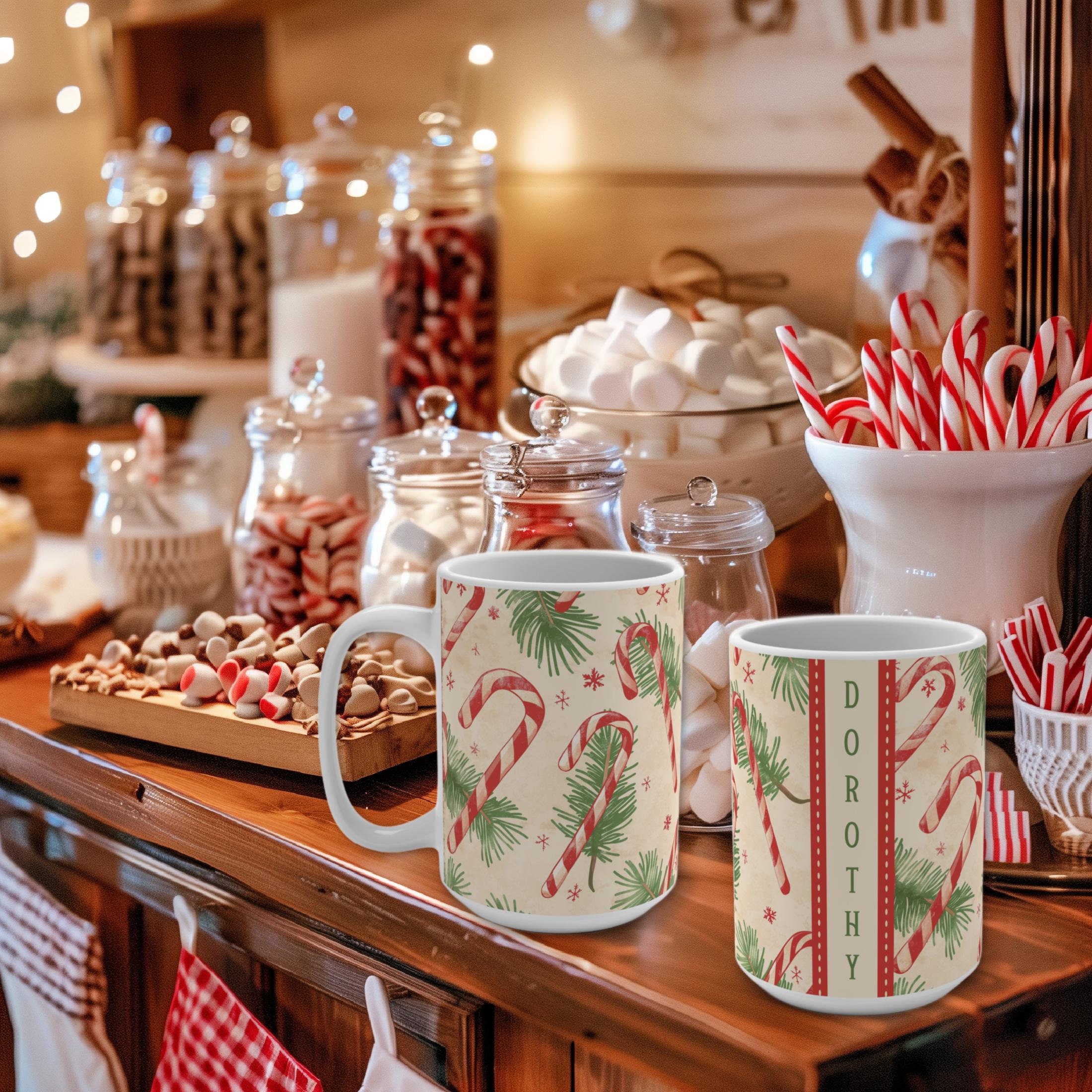 Custom Christmas Mug Vintage Retro Style Candy Canes & Pine in 2 Sizes ...