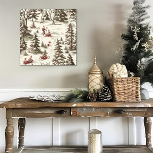 Christmas Toile Wall Decor - Square Canvas Print French Style Santas ...