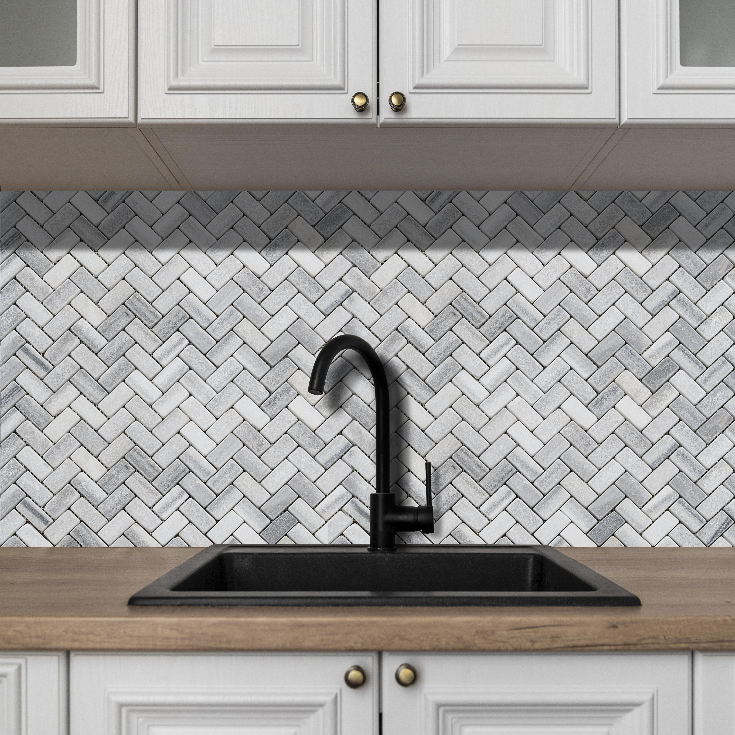 Calacatta Zebra Tumbled Marble Herringbone Mosaics 23x48 MM Wall ...