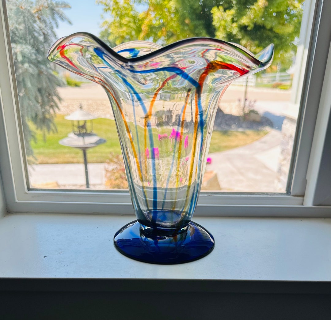 Vintage Art Glass Ruffle Top Vase - Hand Blown Clear Glass With ...