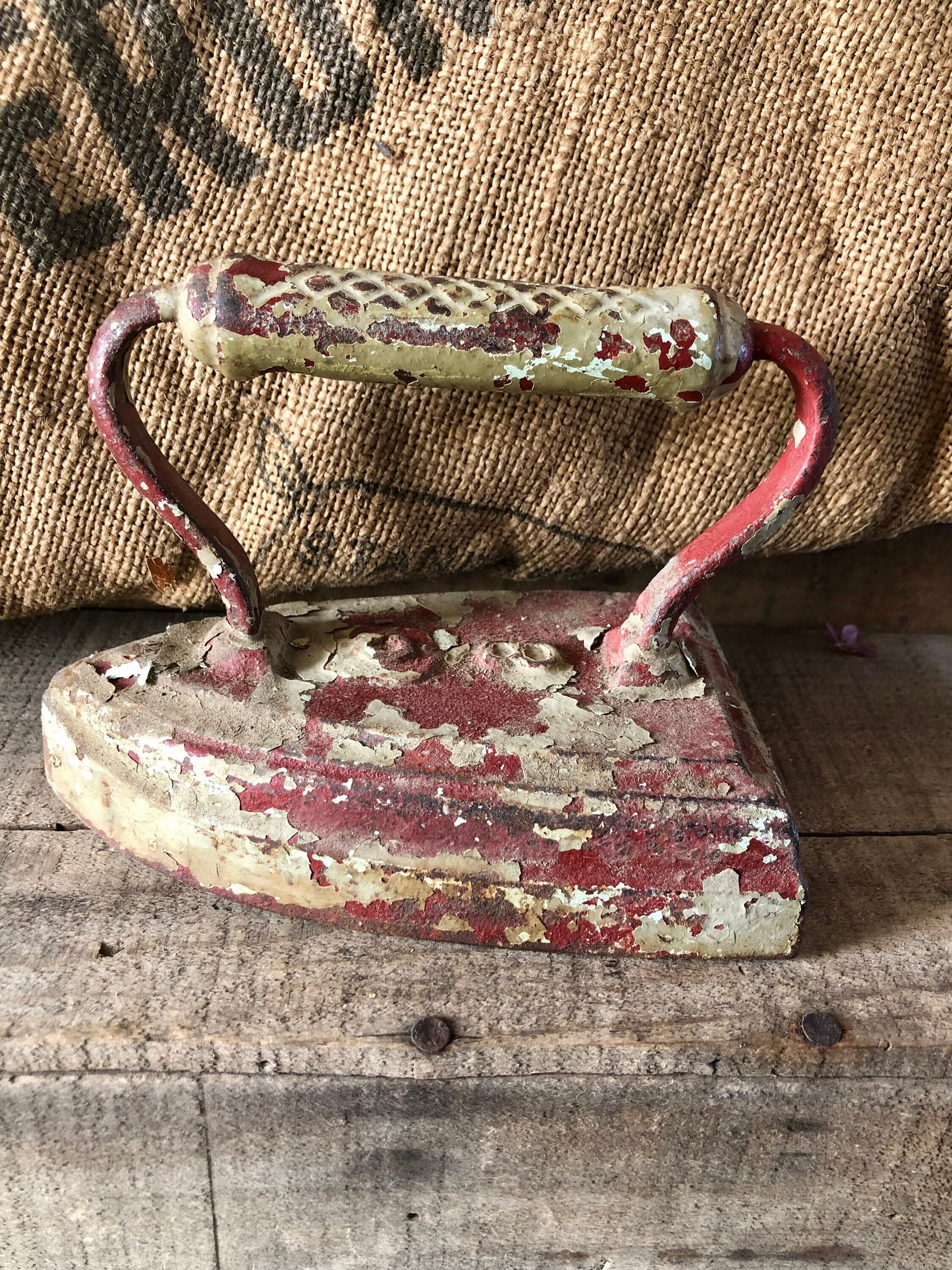 Antique Flat Iron Cross Hatch Handle Painted Red With Gray Paint ...