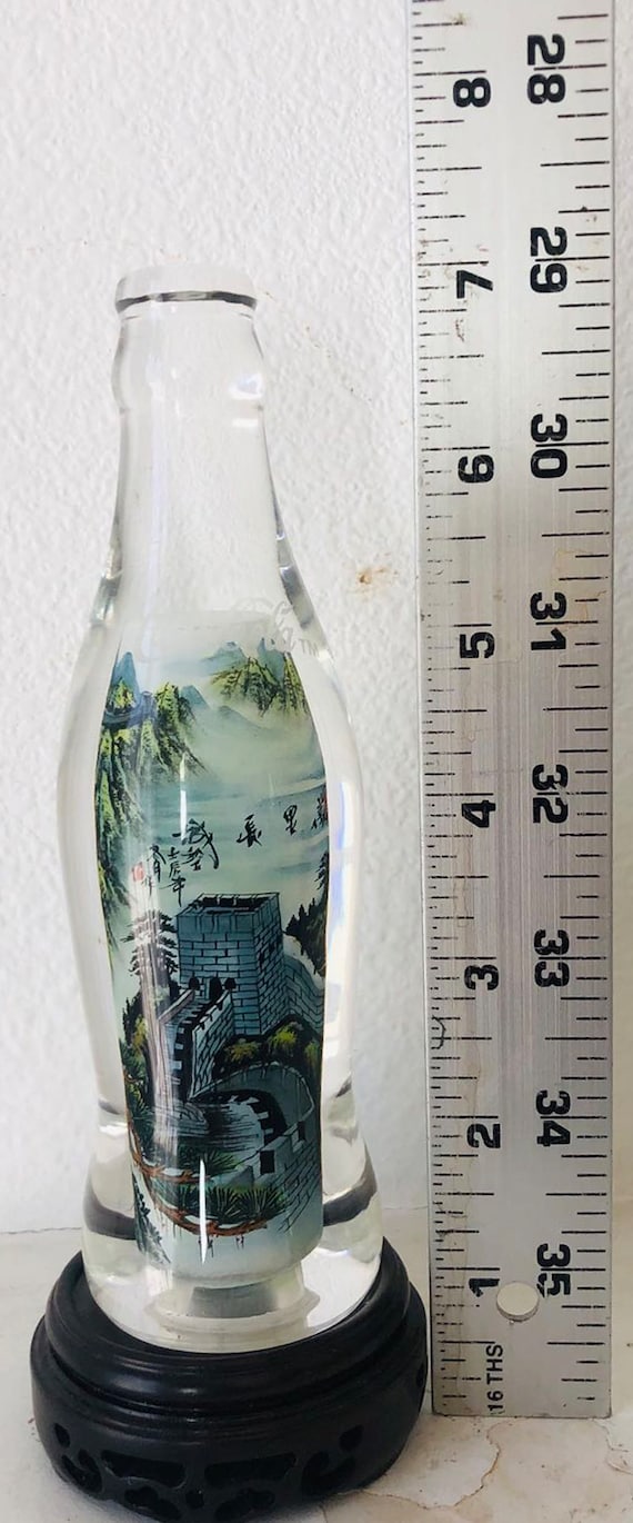 A Hand Painted Inside Coke Bottle With Wooden Stand 9 / | Etsy