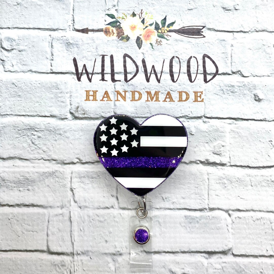 Thin Purple Line Flag Heart Retractable Badge Reel ID Holder Security ...