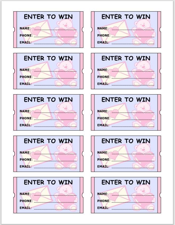 Valentine's Day Raffle Tickets ENTER TO WIN Pink Purple Teddy Bear ...