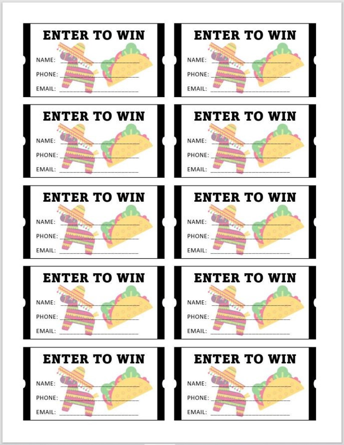 ENTER TO WIN Raffle Tickets Cinco De Mayo Taco | Printable Tickets Pdf ...