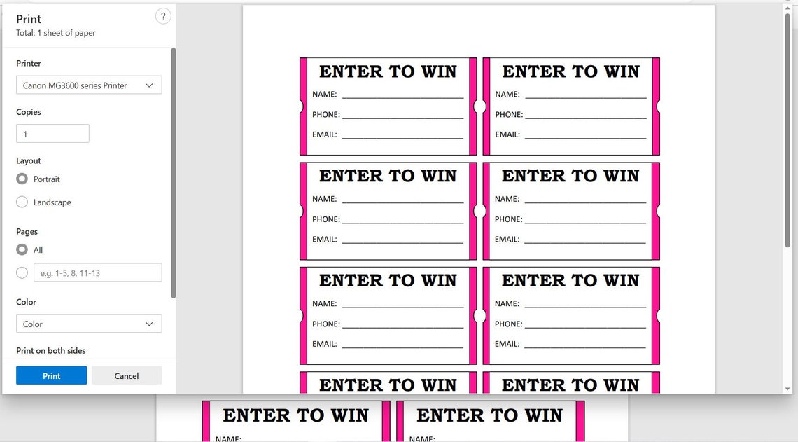 ENTER TO WIN Raffle Tickets Deep Pink and Black | Printable Tickets ...