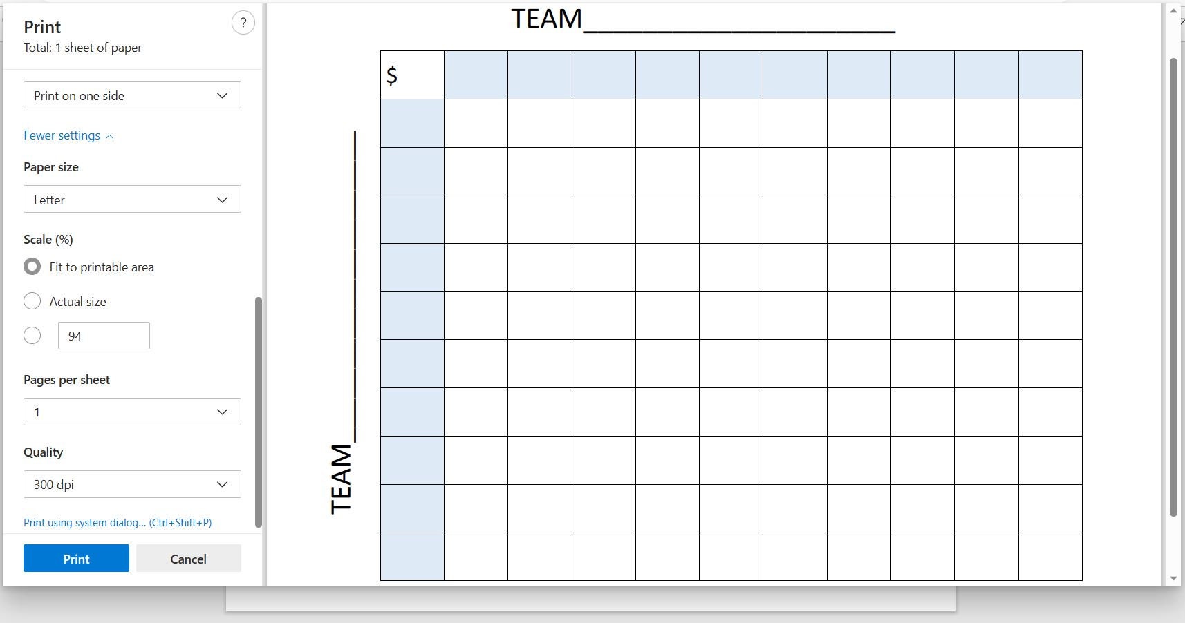 Simple Game Squares Instant Download PDF Printable Raffle Teams Guess ...