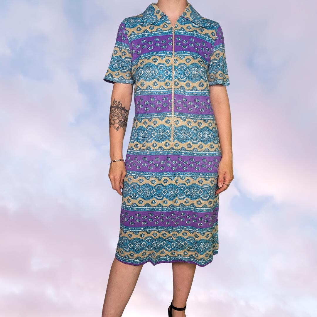 Vtg Mod 60s Half Zip Blue Purple Tan Mid Length Mumu Night Gown Cover ...