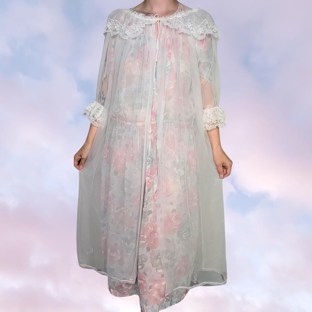 Vtg 50s 60s Flower Sheer Frill Lace Nightie Coquette Dainty Cover up ...
