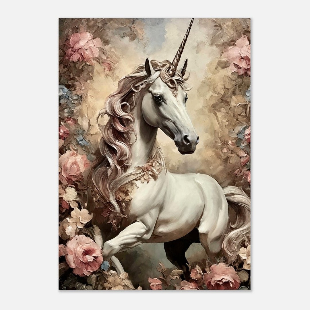 Moody Vintage Unicorn Wall Art Retro Unicorn Framed Poster Floral ...