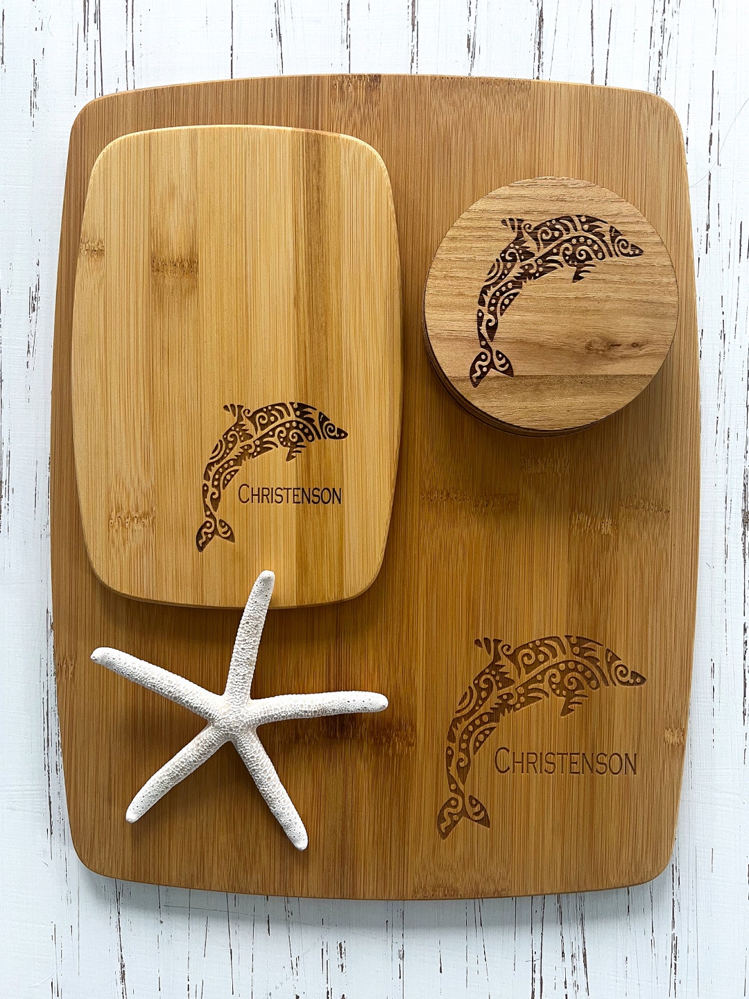 Personalized Ocean Bamboo Cutting Board and Coasters Set, Dolphin ...
