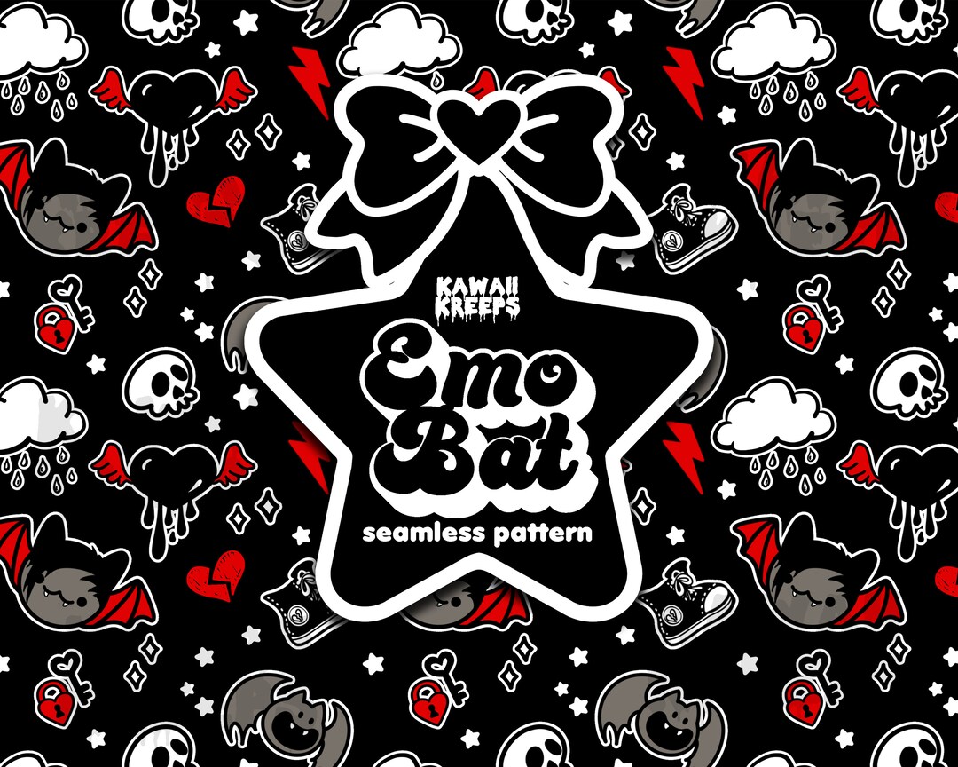 Kawaii Emo Bat Scene Kid Alt Aesthetic Goth Digital Seamless Pattern ...