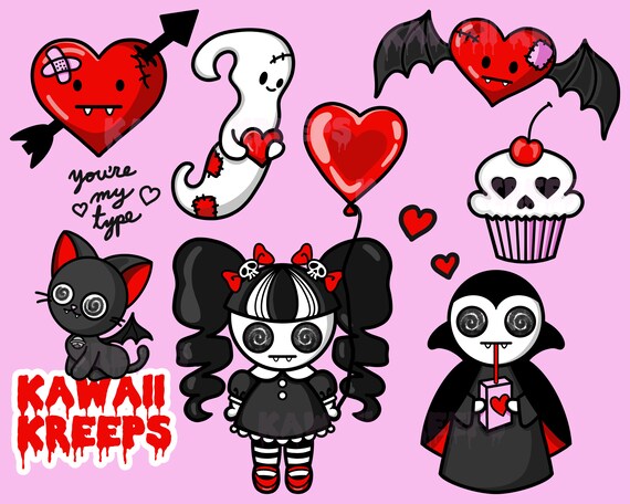 Pastel Goth Valentine's Day Vampire Clipart Valoween Emo - Etsy