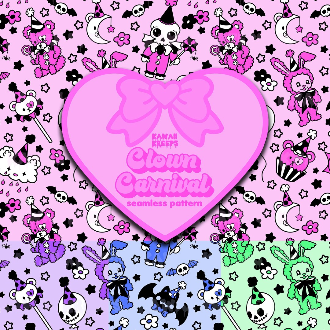 Vintage Halloween Clowncore Pastel Goth Hand Drawn Seamless Pattern ...