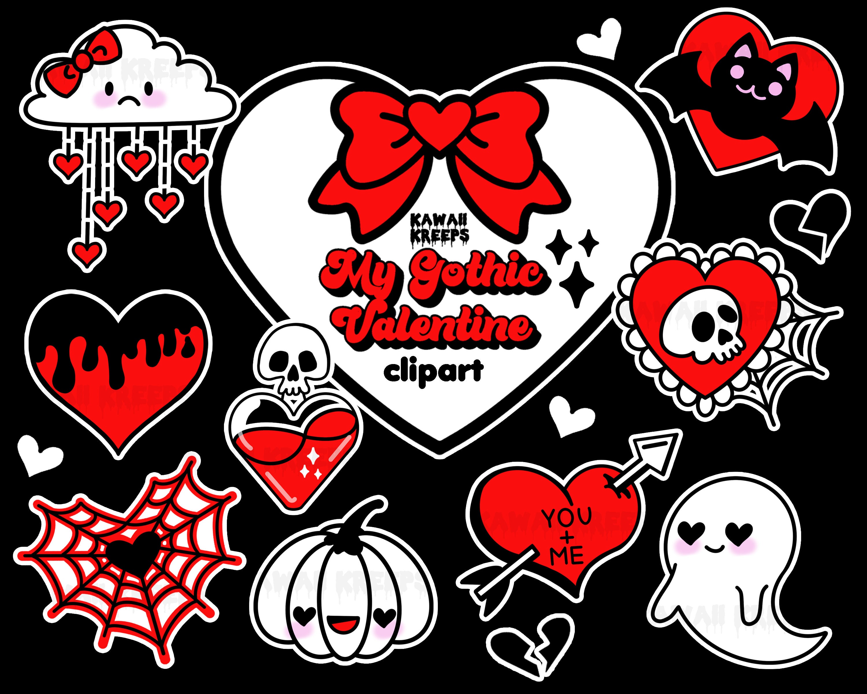 Pastel Goth Valentine's Day Clipart: Kawaii Emo Digital Stickers ...